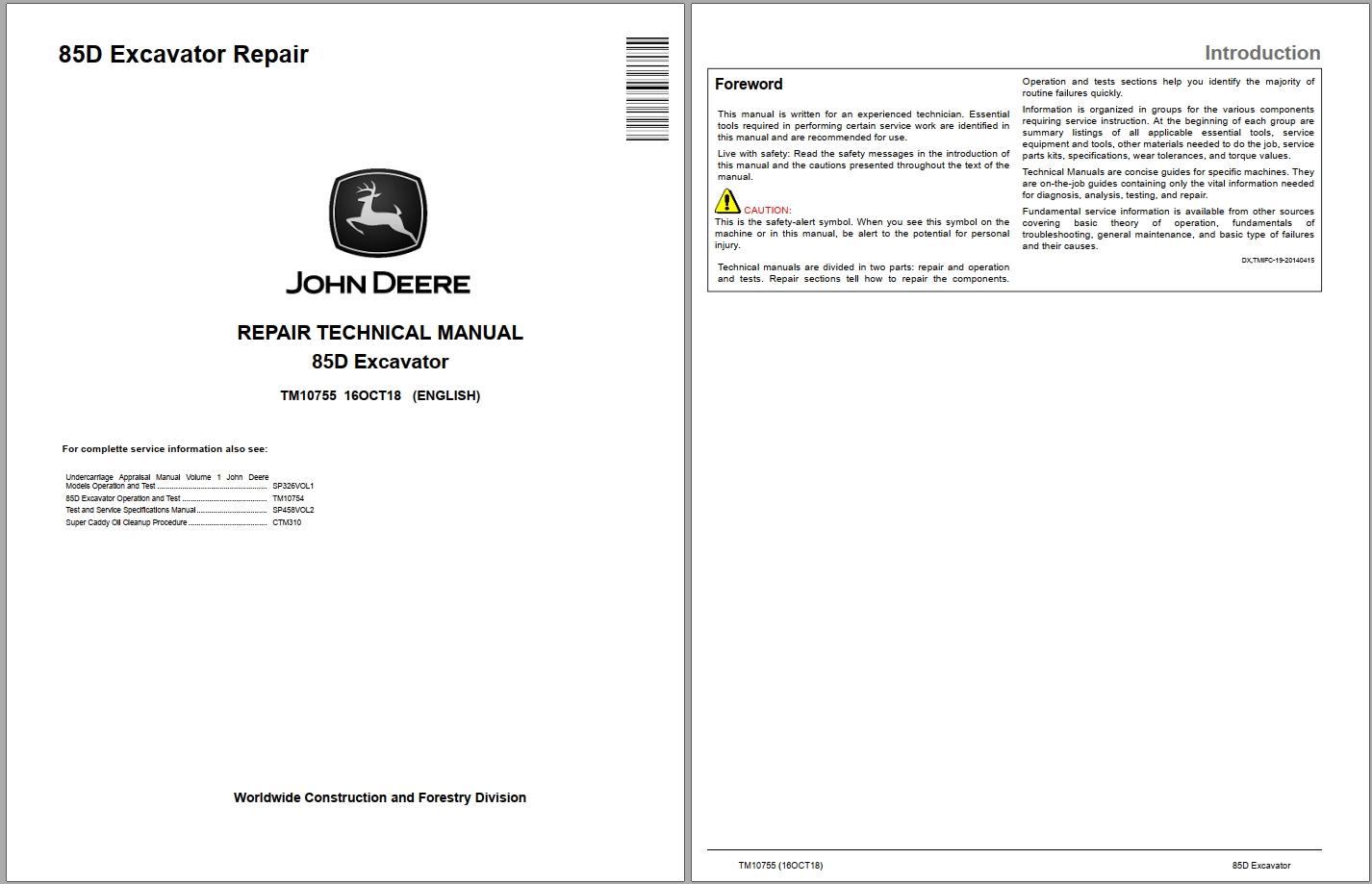 John Deere 85D Excavator Repair Technical Manual TM10755 PDF
