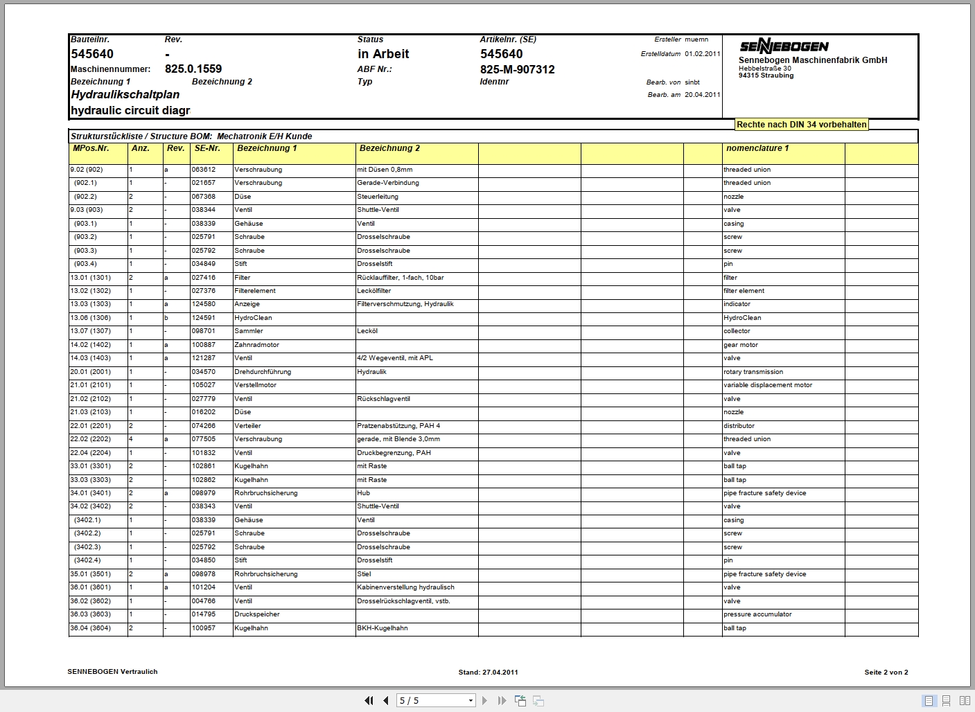 Sennebogen Greenline 825-D Material Handing Hydraulic Diagram 825.400.5650-1 EN DE PDF