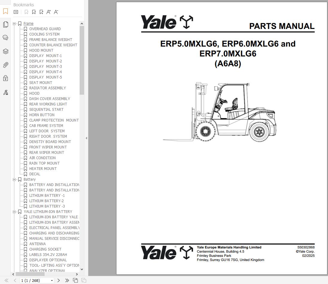 Yale A6A8 ERP5.0MXLG6 ERP6.0MXLG6 ERP7.0MXLG6 Parts Service Manual 2025 PDF