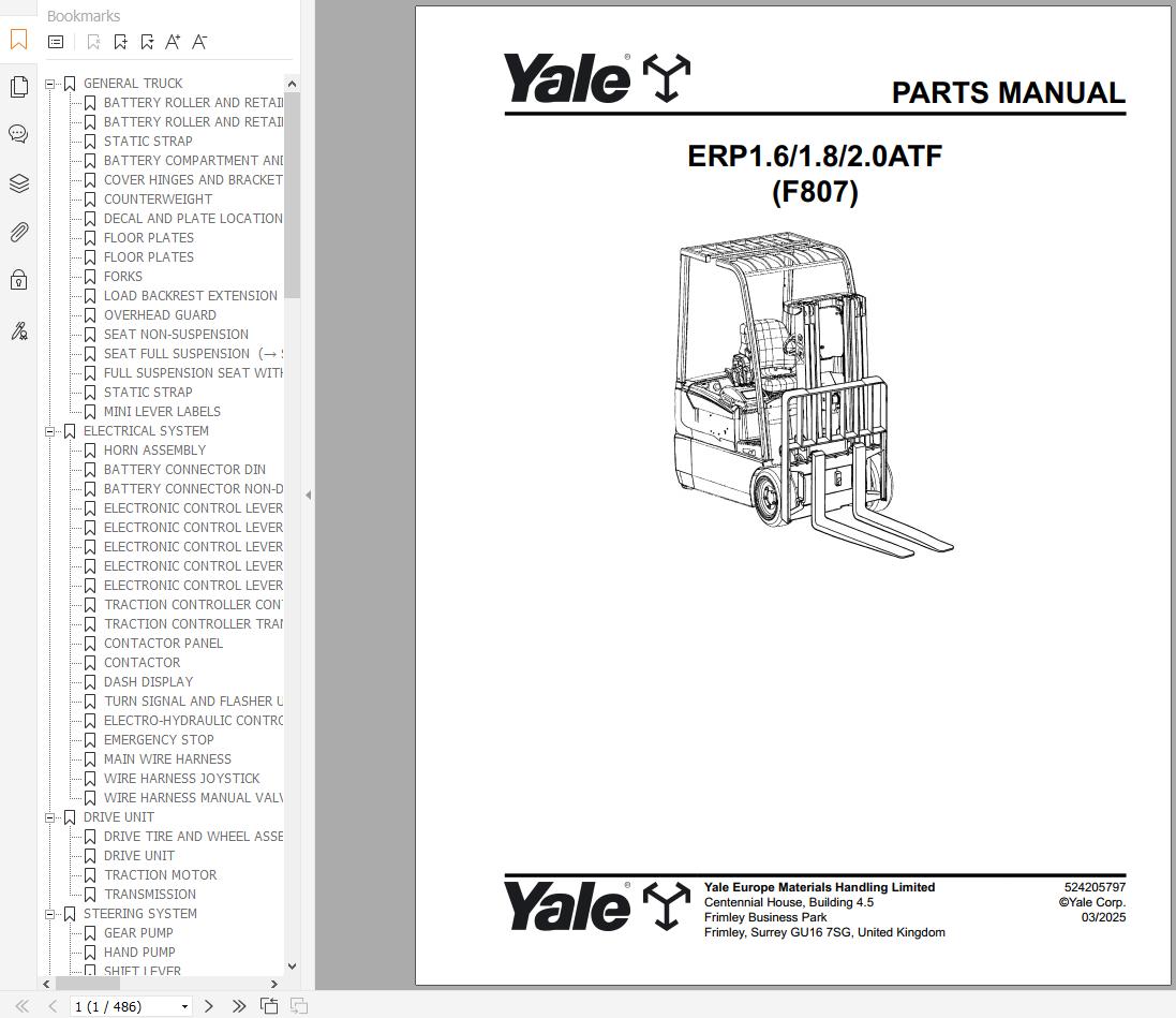 Yale F807 ERP1.6ATF ERP1.8ATF ERP2.0ATF Forklift Parts Service Manual 2025 PDF