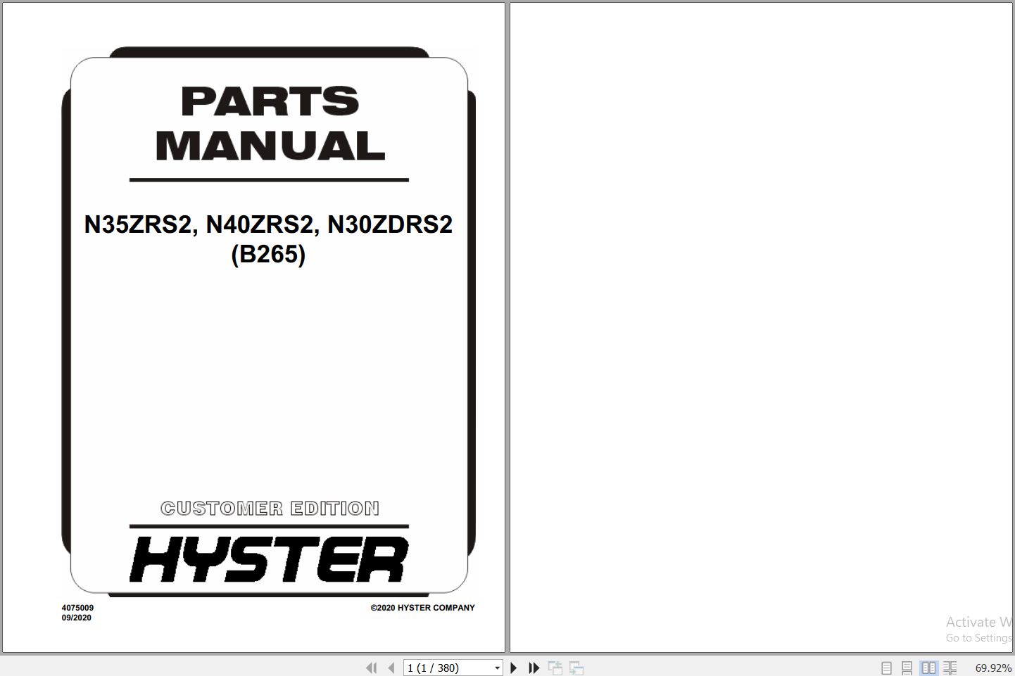 Hyster N35ZRS2 N40ZRS2 N30ZDRS2 B265 Forklift Parts Catalog 4075009 2020 PDF