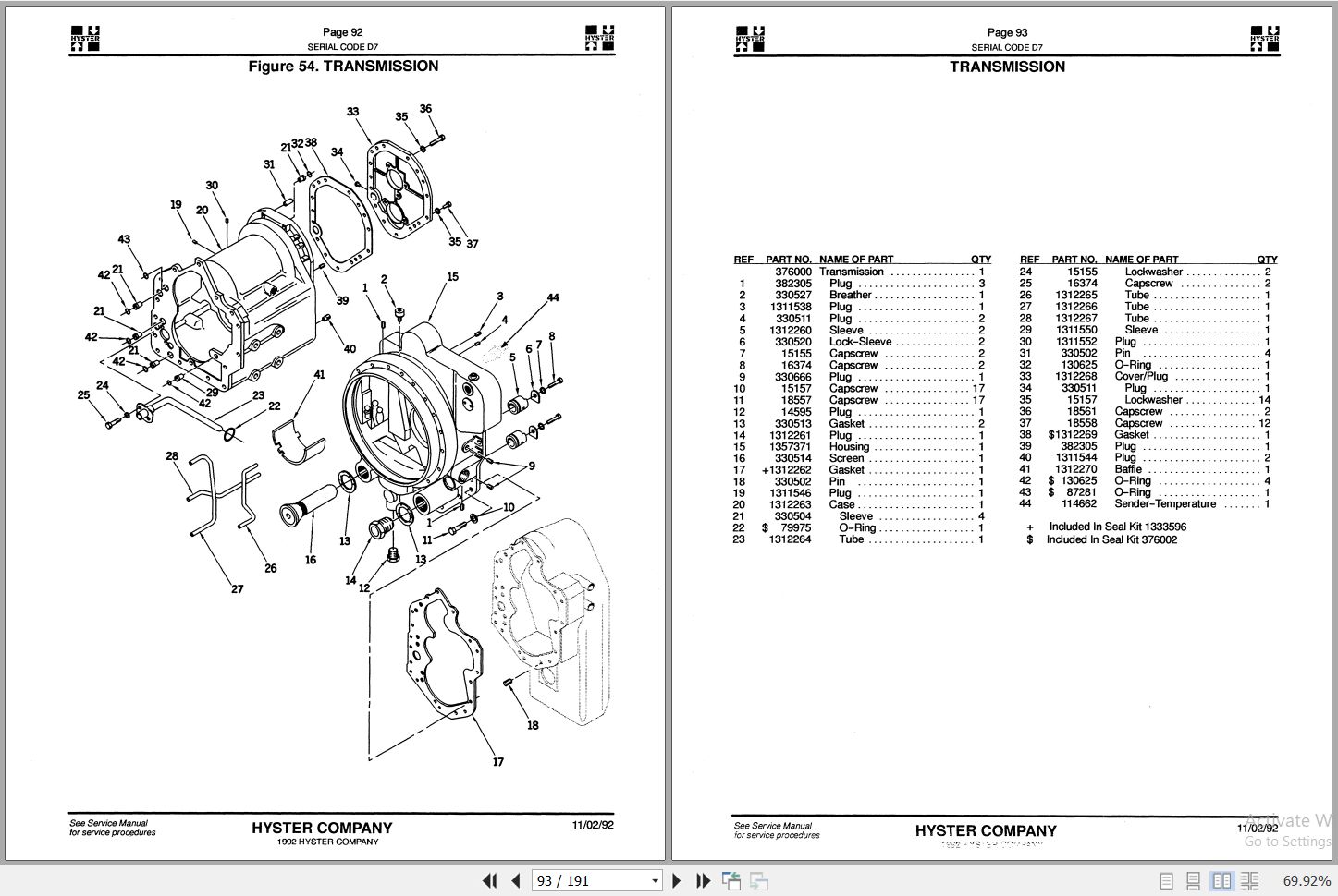 Hyster Challenger H165-280XL H8.00-12.00XL D7 Forklift Parts Catalog 852452 1992 PDF