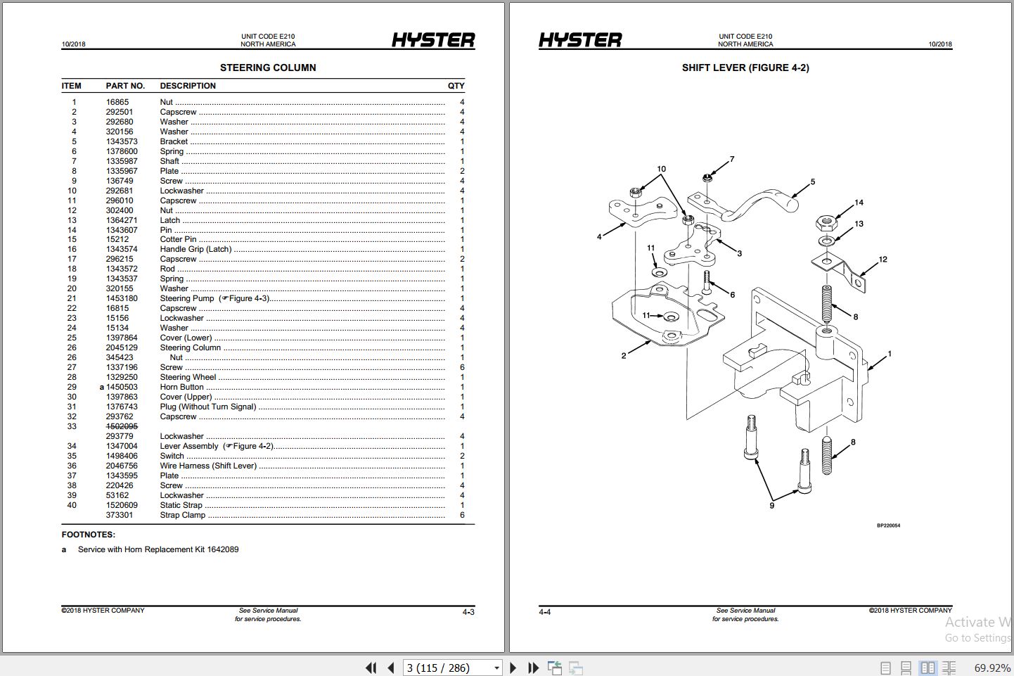 Hyster V30ZMD E210 Forklift Parts Catalog 1640597 2018 PDF