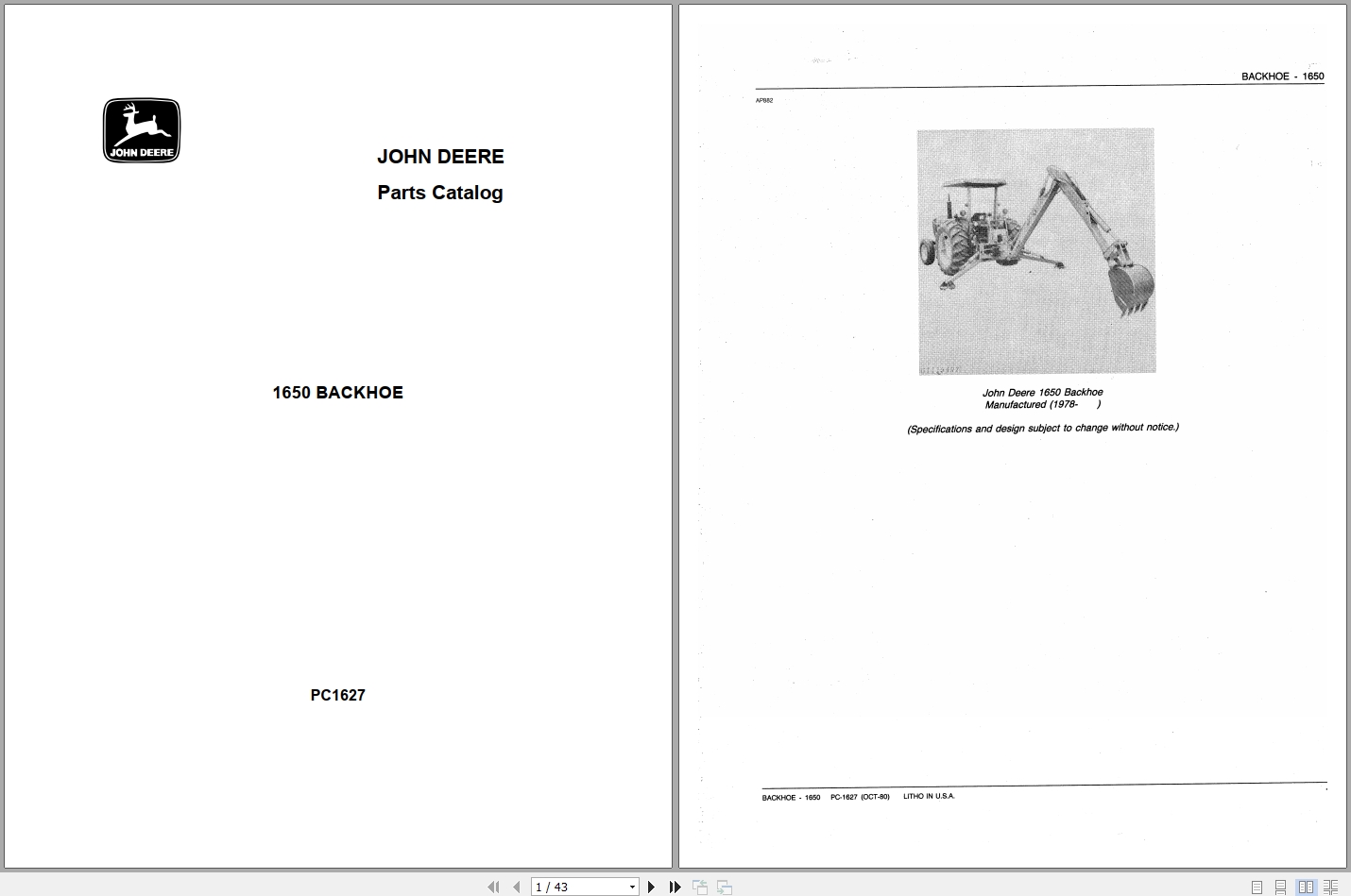 John Deere 1650 Backhoe Parts Catalog PC1627 PDF