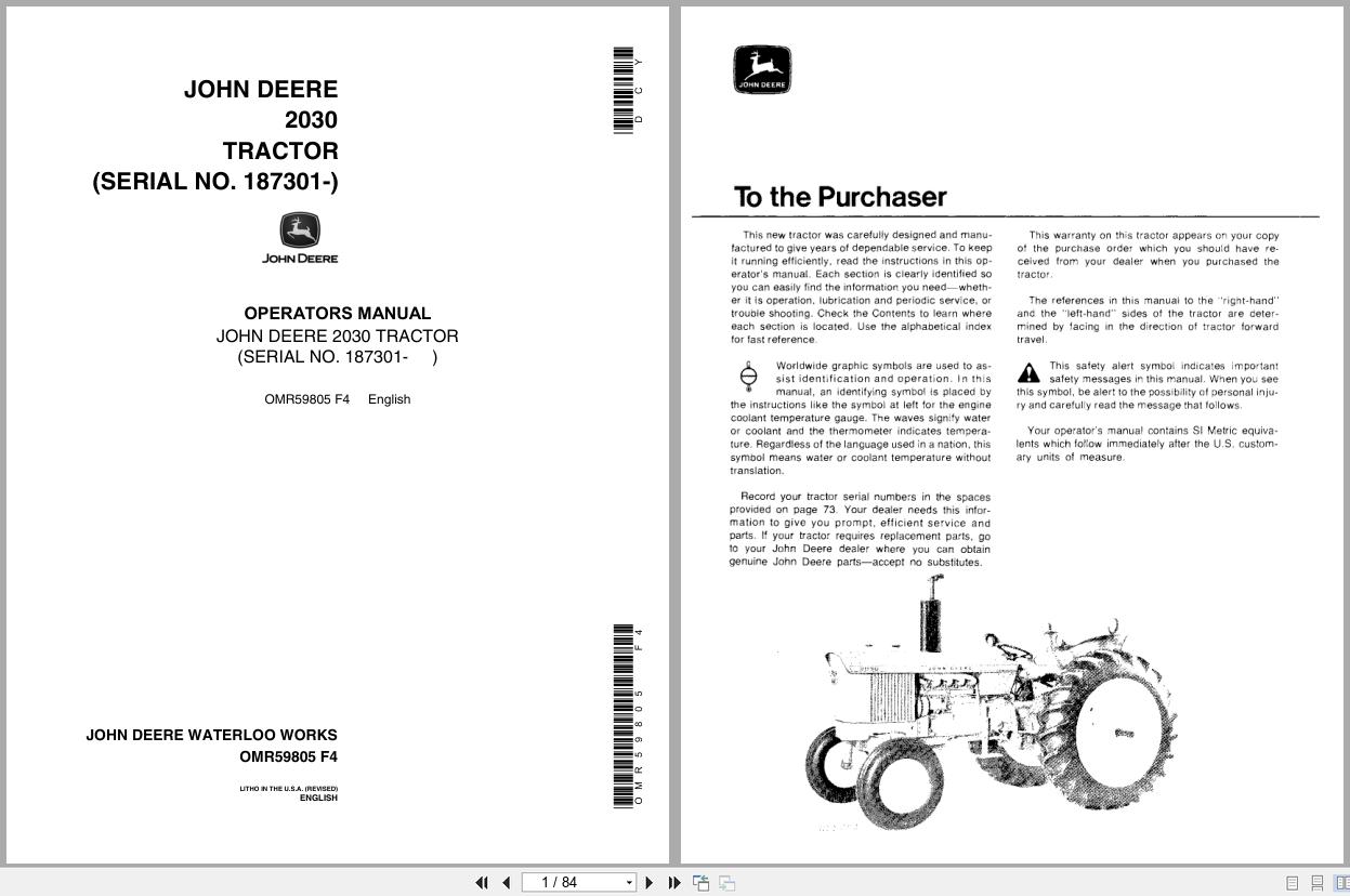 John Deere 2030 Tractor Operation Manual OMR59805 PDF