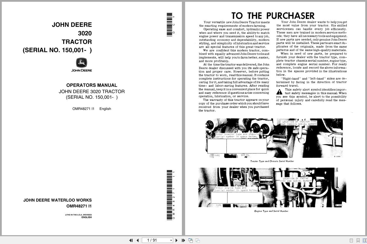John Deere 3020 Tractor Operation Manual OMR48271 PDF