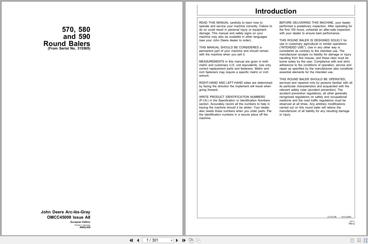 John Deere 570 580 590 Round Balers Operation Manual OMCC45009 PDF