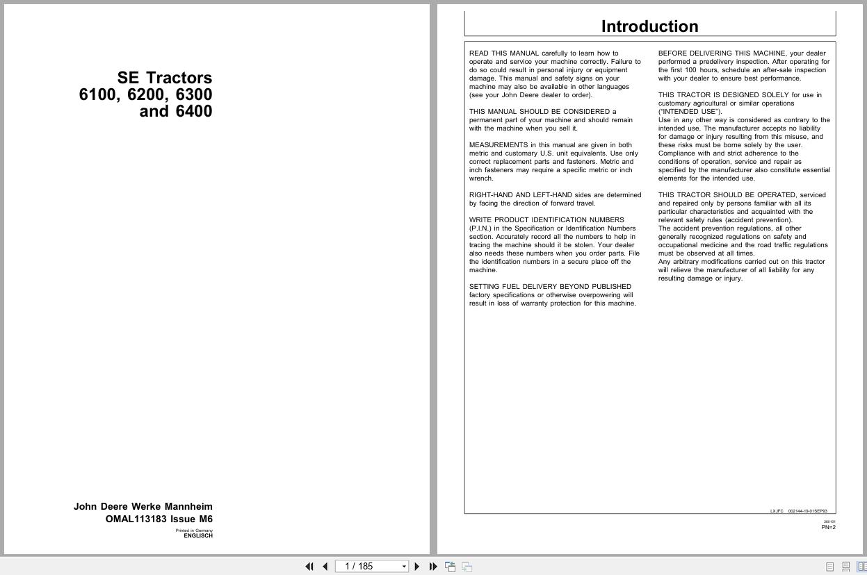 John Deere 6100 6200 6300 6400 Tractors Operation Manual OMAL113183 PDF