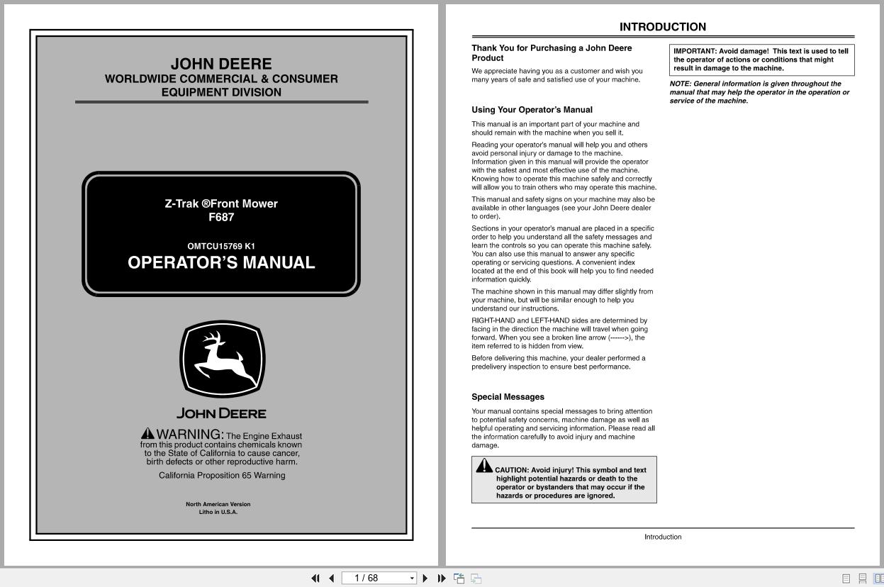 John Deere F687 Ztrak Front Mower Operators Manual OMTCU15769 PDF