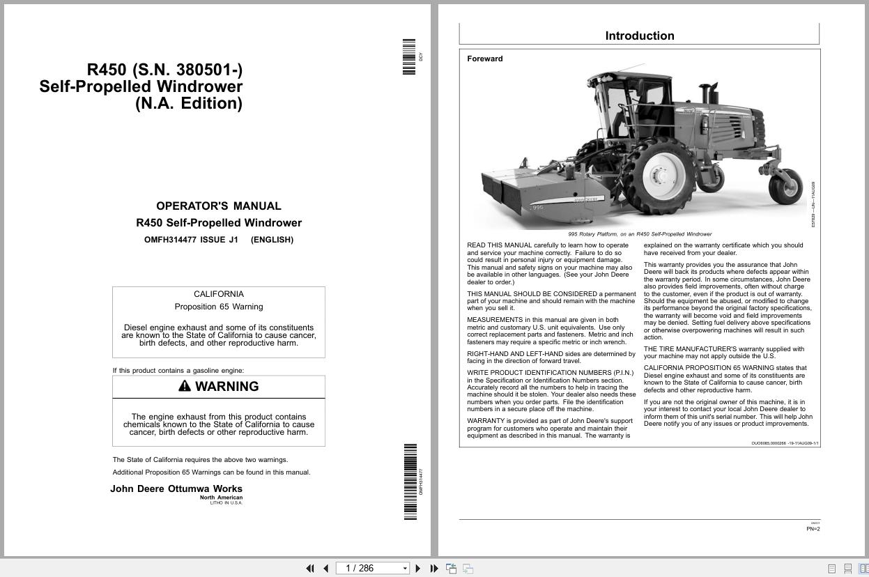 John Deere R450 Self-Propelled Windrower Operation Manual OMFH314477 PDF