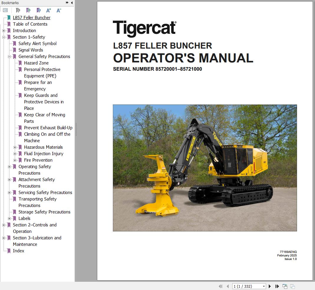 Tigercat L857 Feller Buncher Operation Manual 77169AENG PDF