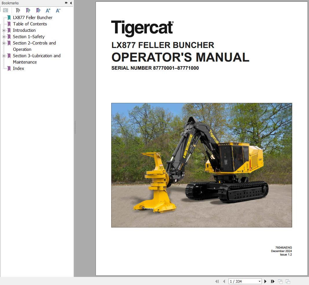 Tigercat LX877 Feller Buncher Operation Manual 76046AENG PDF